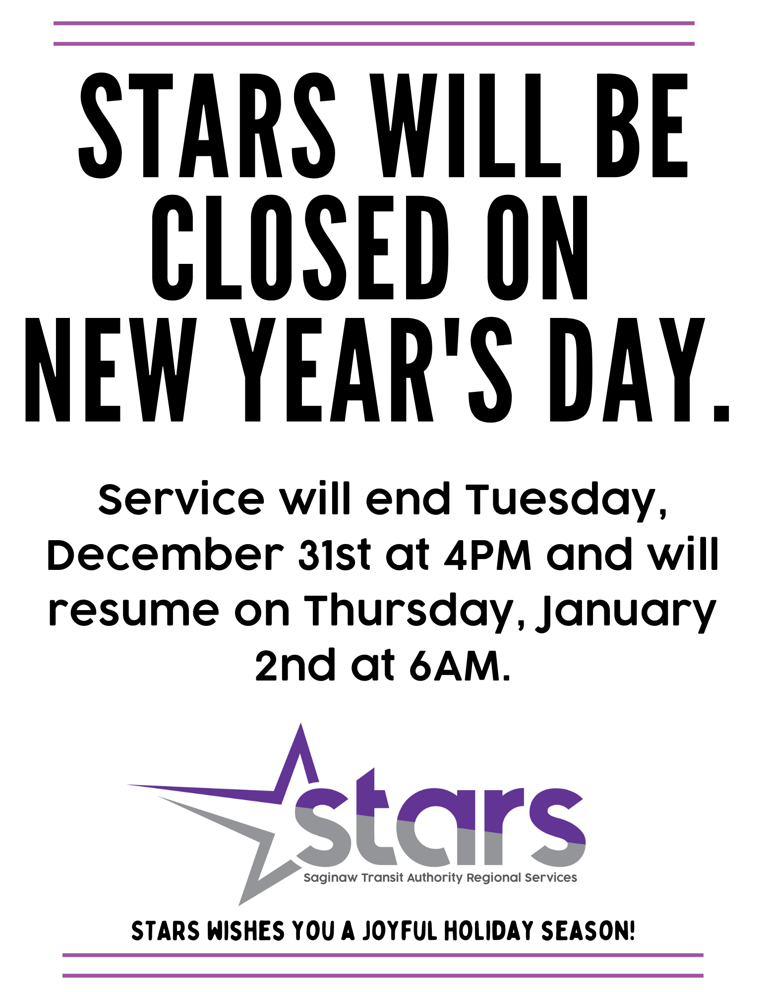 Christmas and New Year’s Eve Closure – STARS – Saginaw Transit ...